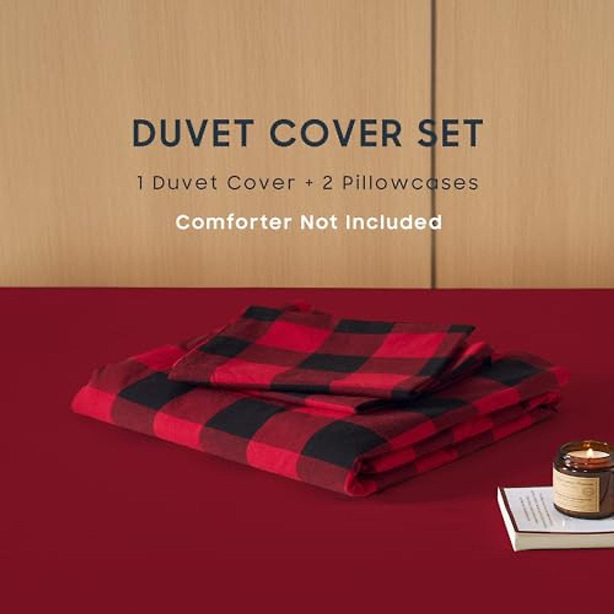 Wake In Cloud - Gingham Cotton Duvet Cover Set, Plaid Buffalo Check Checkered Farmhouse, 100% Washed Cotton Textured Percale Bedding Set, 3 Pieces, Red Black, California King Size