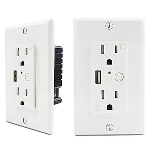 2 Pack Electrical Outlet in-Wall with 2.4A USB Port, Smart Wi-Fi Socket with 2 Plug Outlet, Compatible with 15 Amp Divided Controller, Work with Alexa and Google Home, ETL & FCC Certified