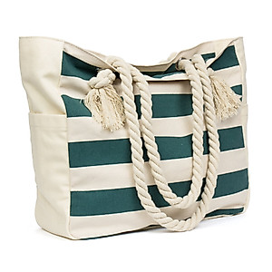 Malirona Large Beach Travel Tote Bag Canvas Shoulder Bag with Cotton Rope Handle (Green Stripes)