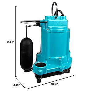 Little Giant 6EC-CIA-SFS 1/3 HP, 115-Volt, 3180 GPH Automatic Cast Iron Submersible Sump/Effluent Pump with Polypropylene Base, Integral Snap-Action Float Switch and 10-Ft. Cord, Blue, 506807