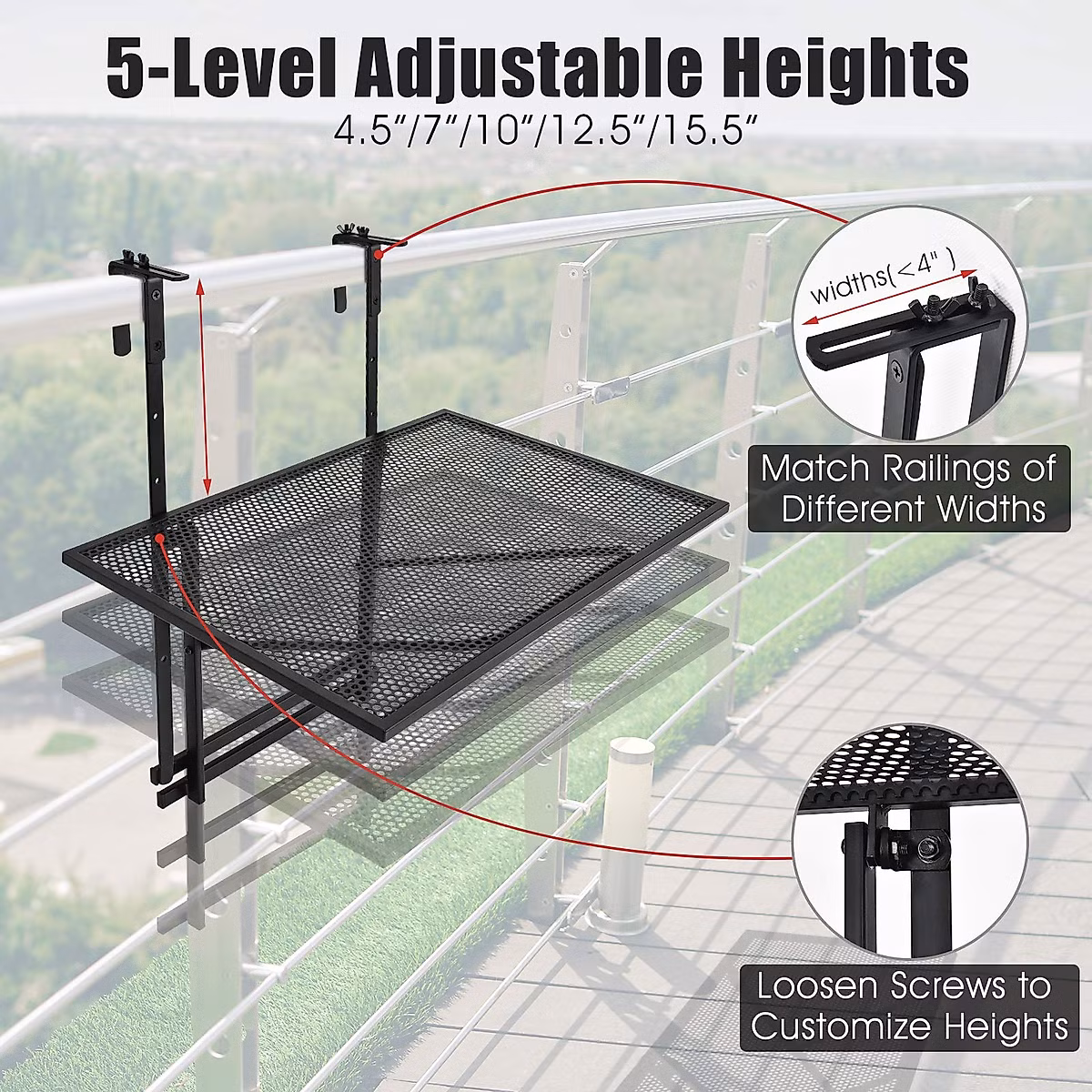 Tangkula Outdoor Folding Hanging Table, 5 Height Adjustable & Foldable Space Saving Railing Serving Table, Width from 1.5 inch to 4 inches, Suitable for Patio, Balcony and Deck