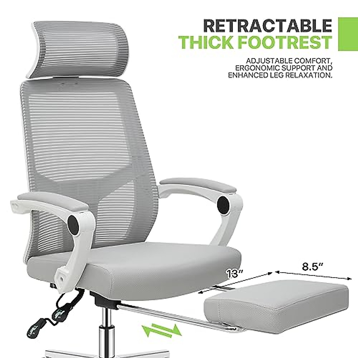 Ergonomic Office Chair with Footrest, High Back Mesh Gaming Desk Chair with Headrest, Swivel Rolling Home Chair with Lumbar Support and Flip-up Armrest, Grey