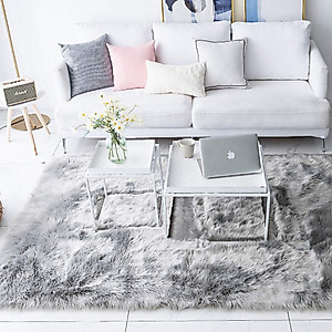 Carvapet Shaggy Soft Faux Sheepskin Fur Area Rugs Floor Mat Luxury Beside Carpet for Bedroom Living Room 5ft x 7ft, Grey