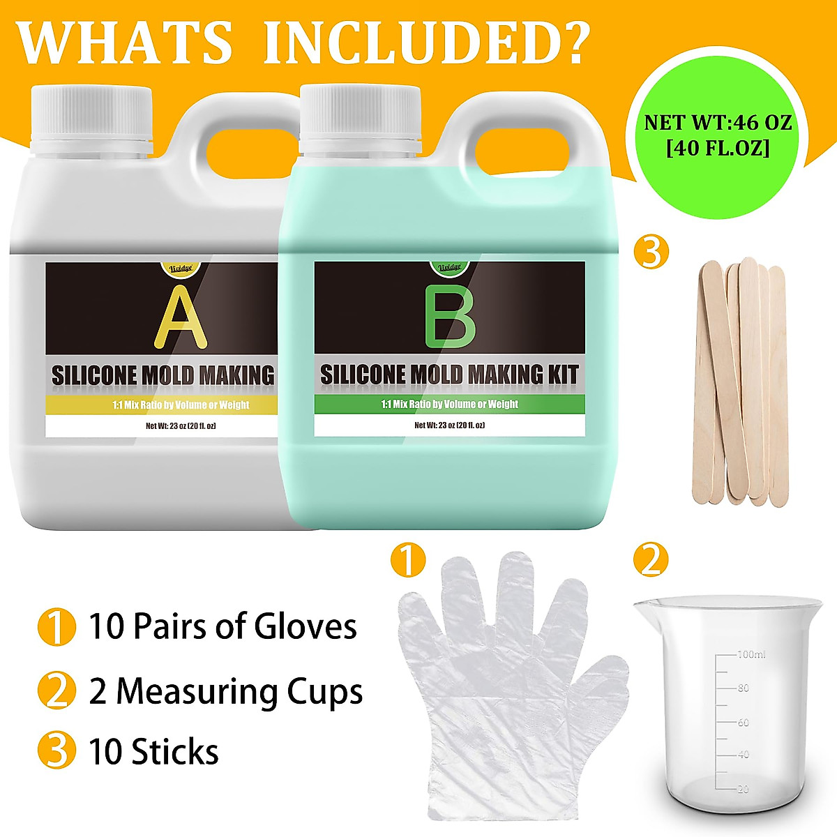 Silicone Molds Making Kit - 46oz Liquid Silicone Rubber for DIY Mold Making - Elastic 1:1 Mixing Ratio Fast Curing Green Molding Silicone for Casting, Resin Molds, Candle Molds, Soap Mold, Crafts