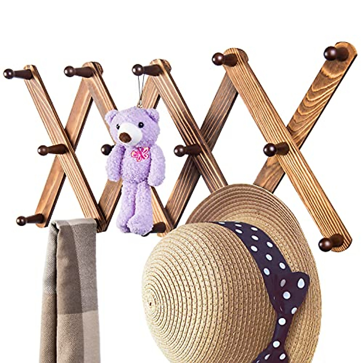 AITUFIY Expandable Coat Rack Hanger Wooden Accordion Wall Mounted Retro Wood Hat Rack 14 Pegs Hooks Hang Jacket,Coffee Mugs,Caps,Leash,Towel,Belt,Umbrella,Scarf,Bag (Carbon Brown)