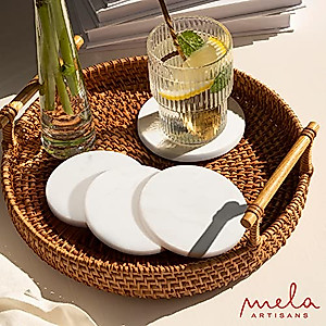 Mela Artisans Set of 4 Hand Crafted Marble Coasters - White, Round | Coffee Table Decor | Absorbent Keeping Surfaces Dry & Safe | Ideal for Wine Glasses, Water Cups or Beer Mugs