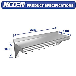 NCOEN 12 x 36 Stainless-Steel-Shelf Wall Mounted with 6 Hooks 250lbs, 304 Stainless Steel Wall Shelf for Commercial Restaurant, Kitchen, Home and Bar Stainless-Steel-Shelves