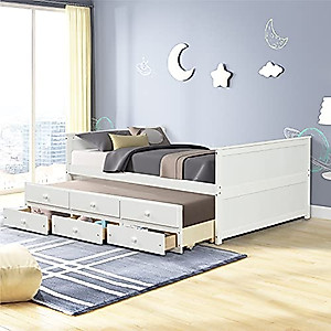 OUYESSIR Full Captains Bed with Trundle and Storage Drawers, Full Trundle Bed with 3 Storage Drawers, Full Day Bed with Trundle Bed, Solid Wood Full Size Captains Bed for Kids Teens and Adults (White)