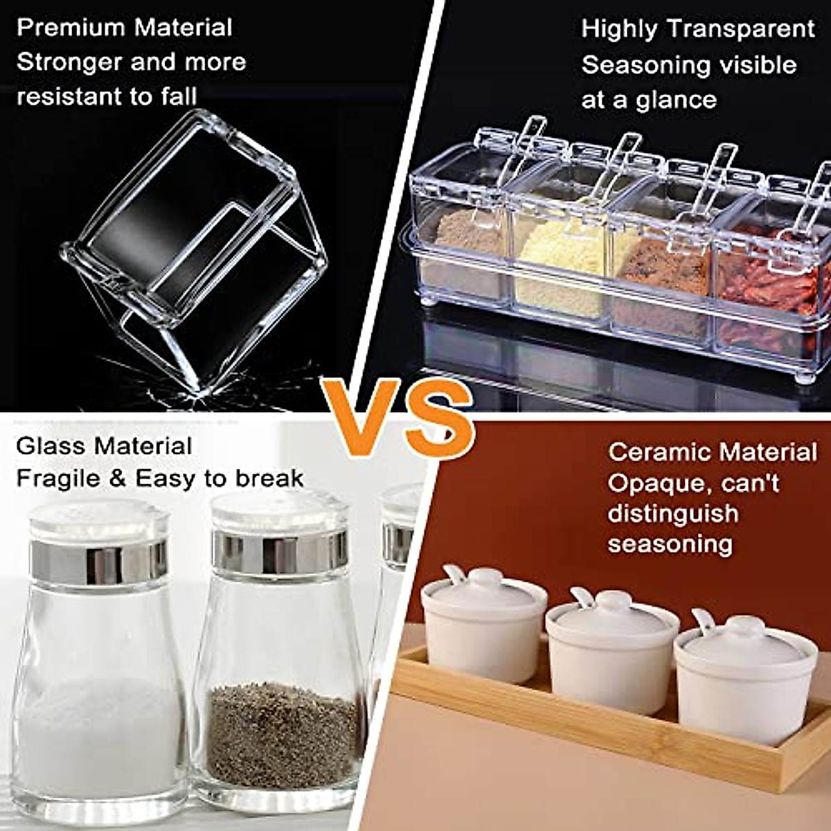 SHAIDOJIO Clear Seasoning Box, 4 Piece Seasoning Rack Spice Pots, Plastic Storage Container Condiment Jars with Lids and Spoon, Kitchen Organization Containers for Spice, Salt, Sugar, Cruet