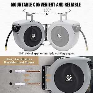 Air Hose Reel Retractable 3/8 in. x 50 ft Hybrid Polymer Hose, Retractable Auto-Rewind Enclosed Heavy Duty 180° Swivel Mount, Max 300PSI Commerical Polypropylene Grey