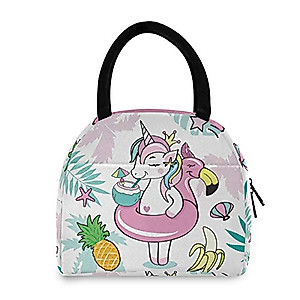 OREZI Beautiful Unicorn Flamingos Palm Leaves School Lunch Bag for Girls Boys,Insulated Lunch Tote Bag,Leakproof Container Lunchbox for Woman Men Work Picnic Hiking Fishing