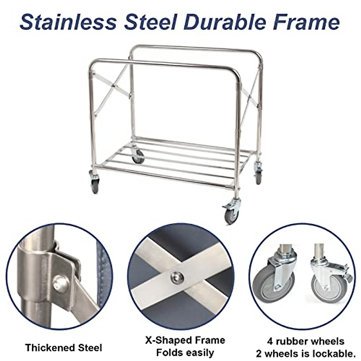 Folding Laundry Cart Commercial Rolling Laundry Basket Trucks with Wheels 440lbs Load Capacity Stainless Steel Laundry Trolley Cart for Industrial/Home 34 * 21 * 31inches (Gray)