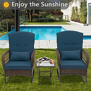 Generic Outdoor Wicker Rocking Chairs, 3 Pieces Patio Furniture Rattan Rocker Chairs Wicker Rocking Set with Cushions and Side Table for Garden Patio Yard Porch Lawn Balcony (Blue)