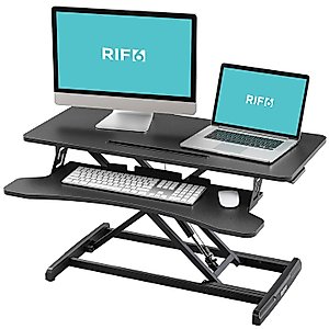 RIF6 34 Inch Convertible Standing Desk – Desk Riser with Customizable Height Settings – Sit to Stand with Spring Assisted Handle – Comes with Tablet and Phone Holder – Black