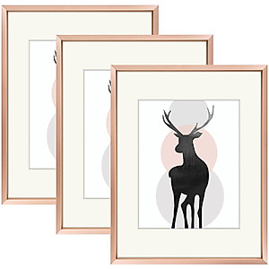 Space Art Deco, 11x14 Metal Aluminum Picture Frame Set of 3, Display Pictures 8x10 with Mat or 11 x 14 Without Mat, Wall Mounting Gallery Photo Frames, Rose Gold