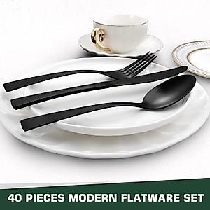 KassKa Matte Black Silverware Set 40 Pieces，Food Grade Stainless Steel Flatware Cutlery Set for 8,Kitchen Dinner Utensil Sets,Curved Knife Handle Design，Spoons and Forks Set，Dishwasher Safe