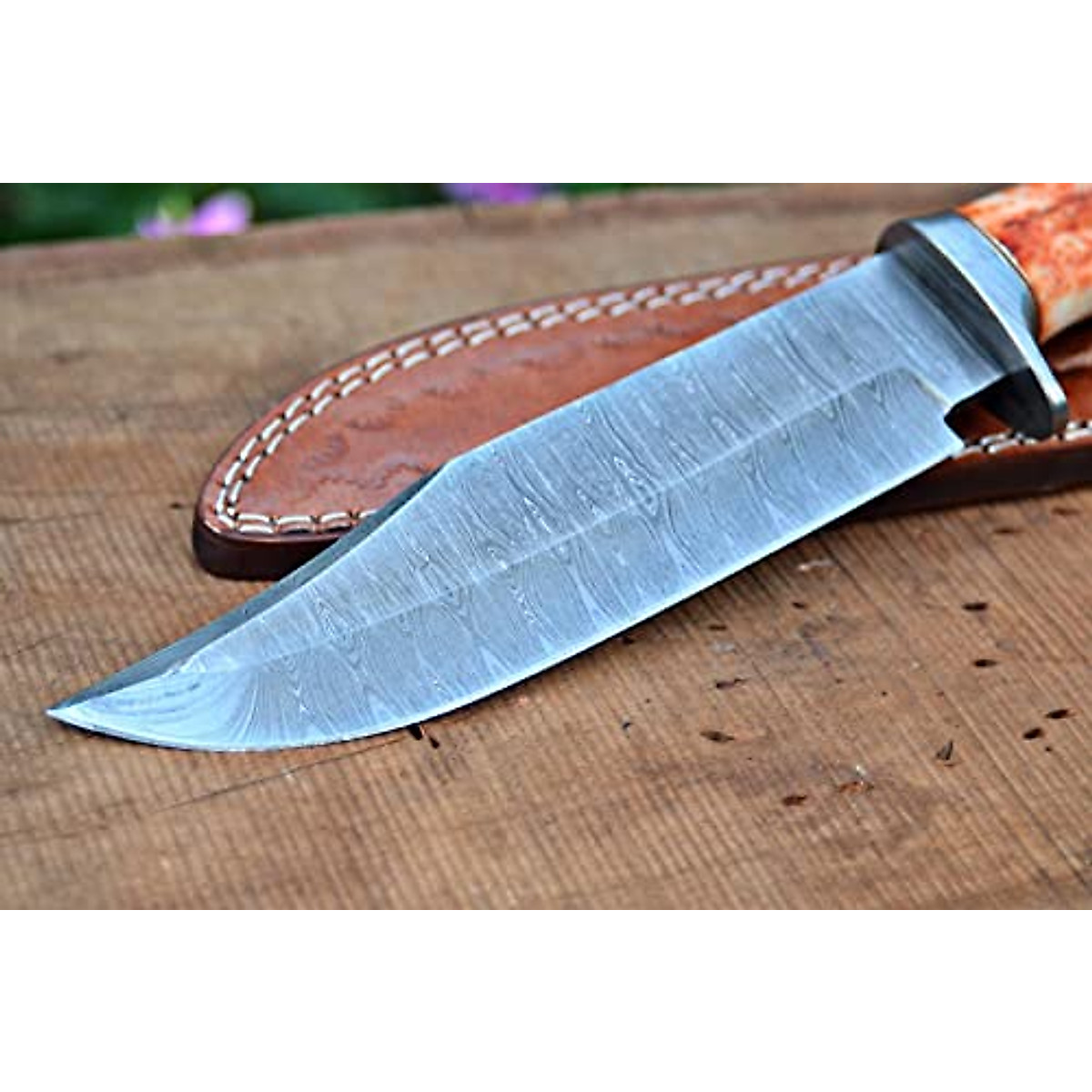 UK UNIQUE SHARP KNIVES BK-3004 Handmade Damascus Steel 12.00 Inches Damascus Steel Hunting Knife - Coloured Camel Bone Brass Spicer Handle With Damascus Gurd/pommel