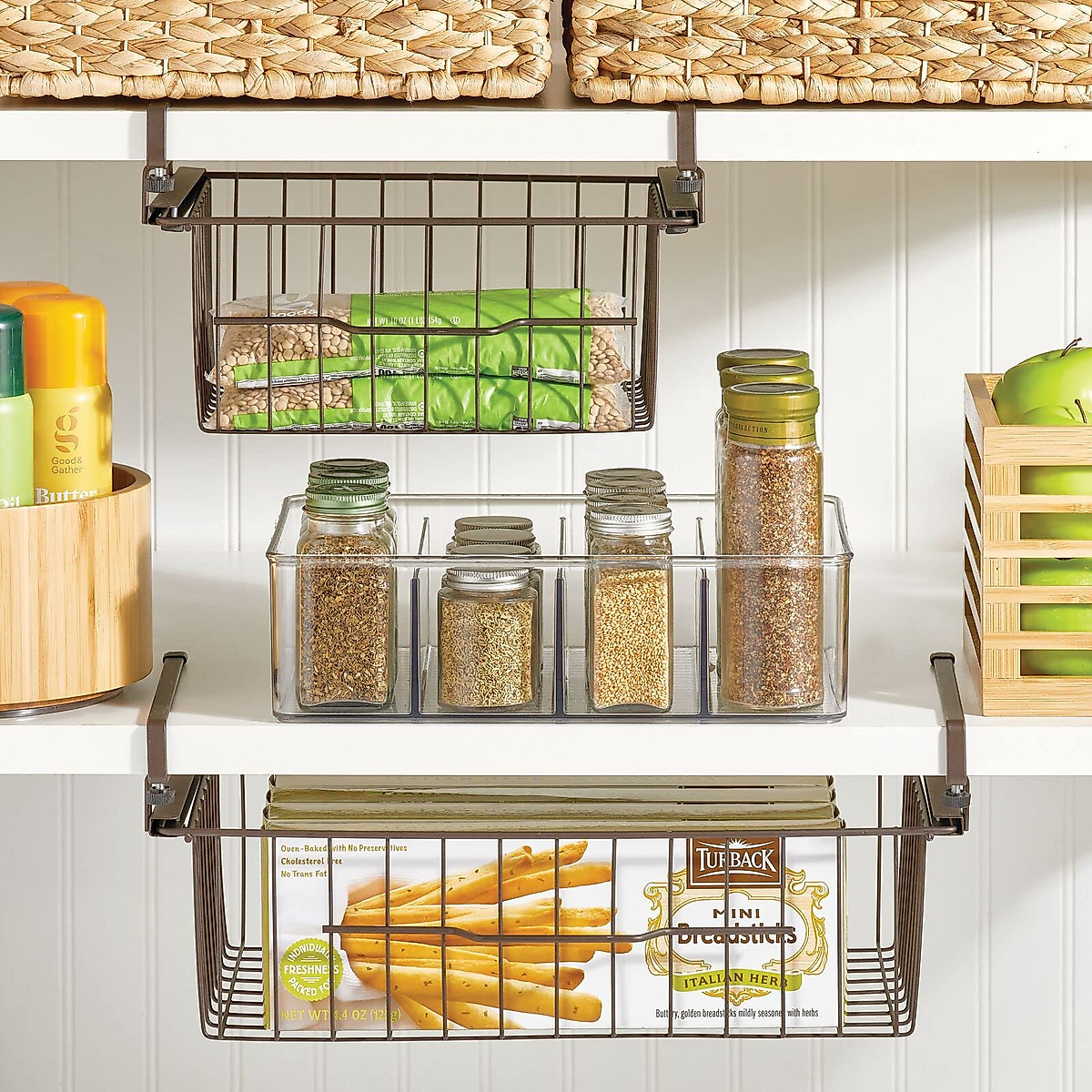 mDesign Large Metal Wire Hanging Pullout Drawer Basket - Sliding Under Shelf Storage Organizer - Attaches to Shelving - Easy Install - 4 Pack - Bronze