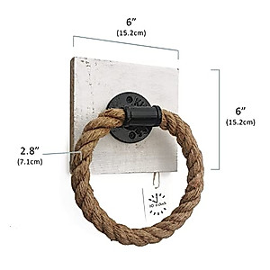 10 o'clock Rustic Rope Towel Ring - Wall Mounted Farmhouse Hand Towel Holder - for Bathroom with 6 x 6 Inch Rustic White Wood Backing and Industrial Pipe Accent