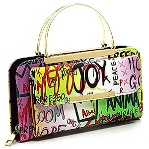 Multicolor Graffiti Printed Cell Phone Purse Wallet Smartphone Crossbody Wallet Travel Multifunction Phone Case Wristlet (#D-Multi2(GN/PK))