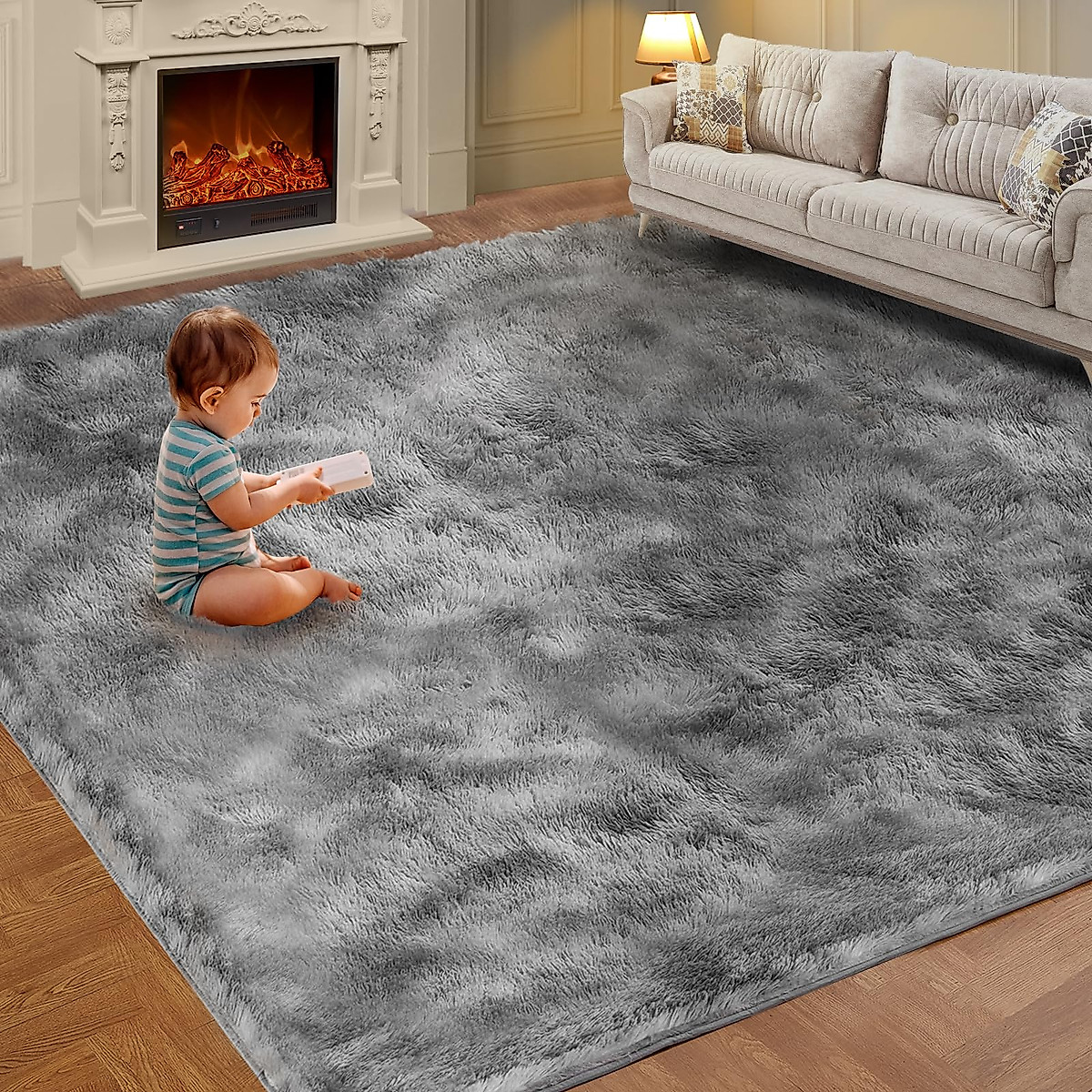 Luxury 8x10 Large Area Rugs for Living Room, Super Soft Fluffy Modern Bedroom Rug, Big Indoor Thick Soft Nursery Rug, Non-Skid Nursery Faux Fur Carpet for Kids Room Home Décor，Tie-Dyed Light Grey