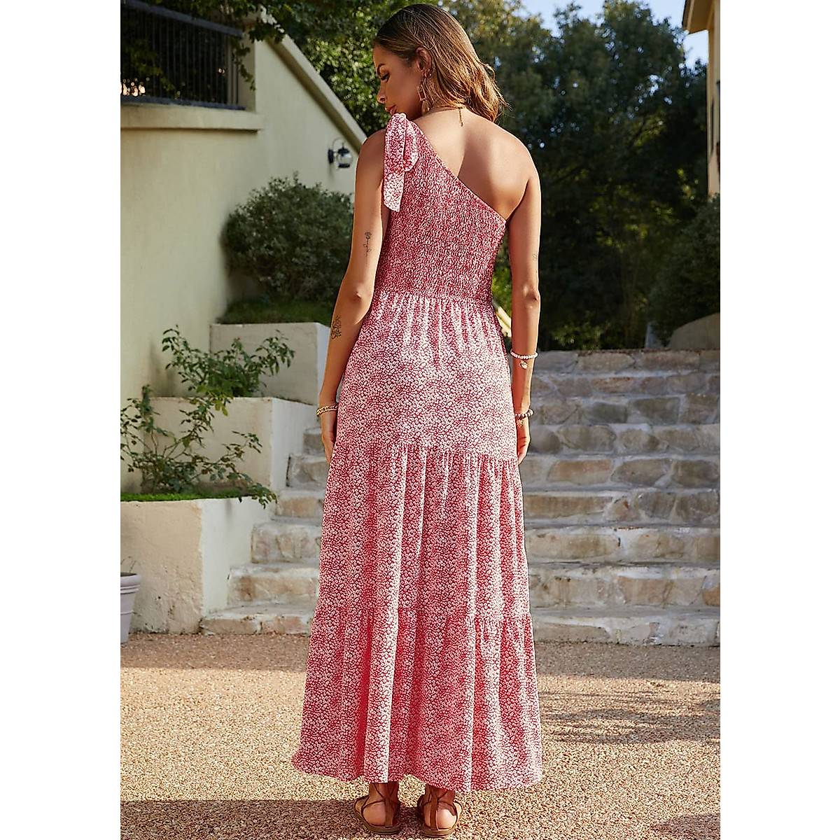 PRETTYGARDEN Women's Summer Floral Maxi Dress Knot One Shoulder Sleeveless Ruffle Flowy Boho Beach Wedding Guest Dresses(Red White Floral,Small)