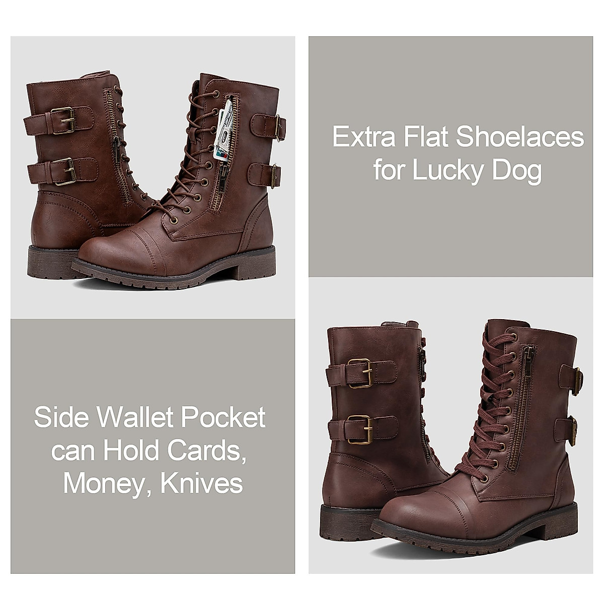 Vepose Women's Lace up Combat Boots, Mid Calf Hiking Boots, 929 - Cognac, Red Brown, Size 9.5 US - Credit Card Wallet Pocket (CJY929 Cognac 09.5)