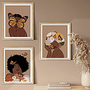 MUELOSY African American Woman Art, Fashion Art, Woman Fashion Portrait, Black Girl wall Art, Black Woman with Butterfly With Flower Wall Art Cavans Décor,12x16in set of 3 (Frameless Canvas)