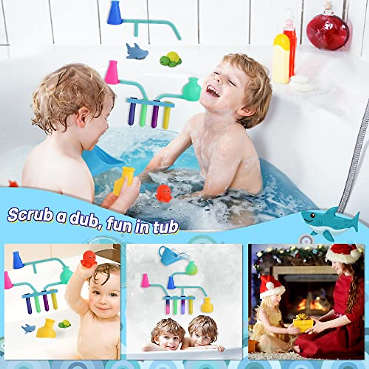 Gifts2U Bath Toy for Kids Age 4-8, 25PCS Color Changing Silicone Water Lab Suction Bath Toy Set for Toddlers, Bathtub Play Stem Buiding Toys with Mesh Storage Bag