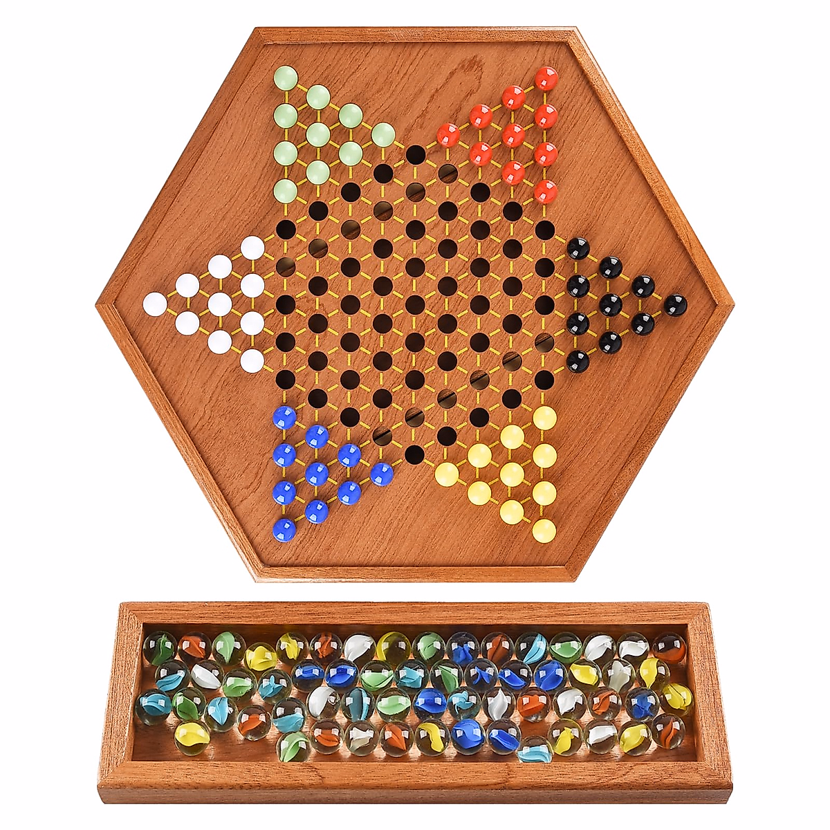 16.5 Inches Extra Large Wooden Jumbo Chinese Checkers Board Game Set with Drawers 120 Colorful Marbles for Up to 6 Players Classic Strategy Game