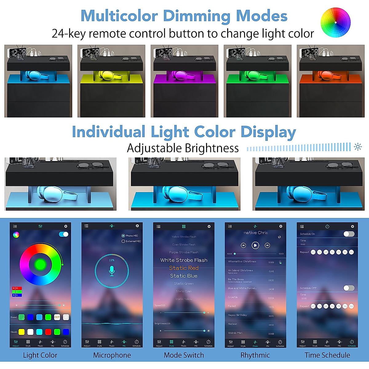 HOMMPA LED Nightstand with Wireless Charging Station & USB Ports, 3 Drawer Night Stand with LED Light RGB Adjustable Brightness, Smart Nightstand High Gloss Bedside Table for Bedroom Black