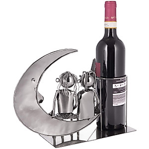 BRUBAKER Bottle Holder Wine - Couple on The Moon - Lovers Sculpture Metal - Bottle Stand with Greeting Card