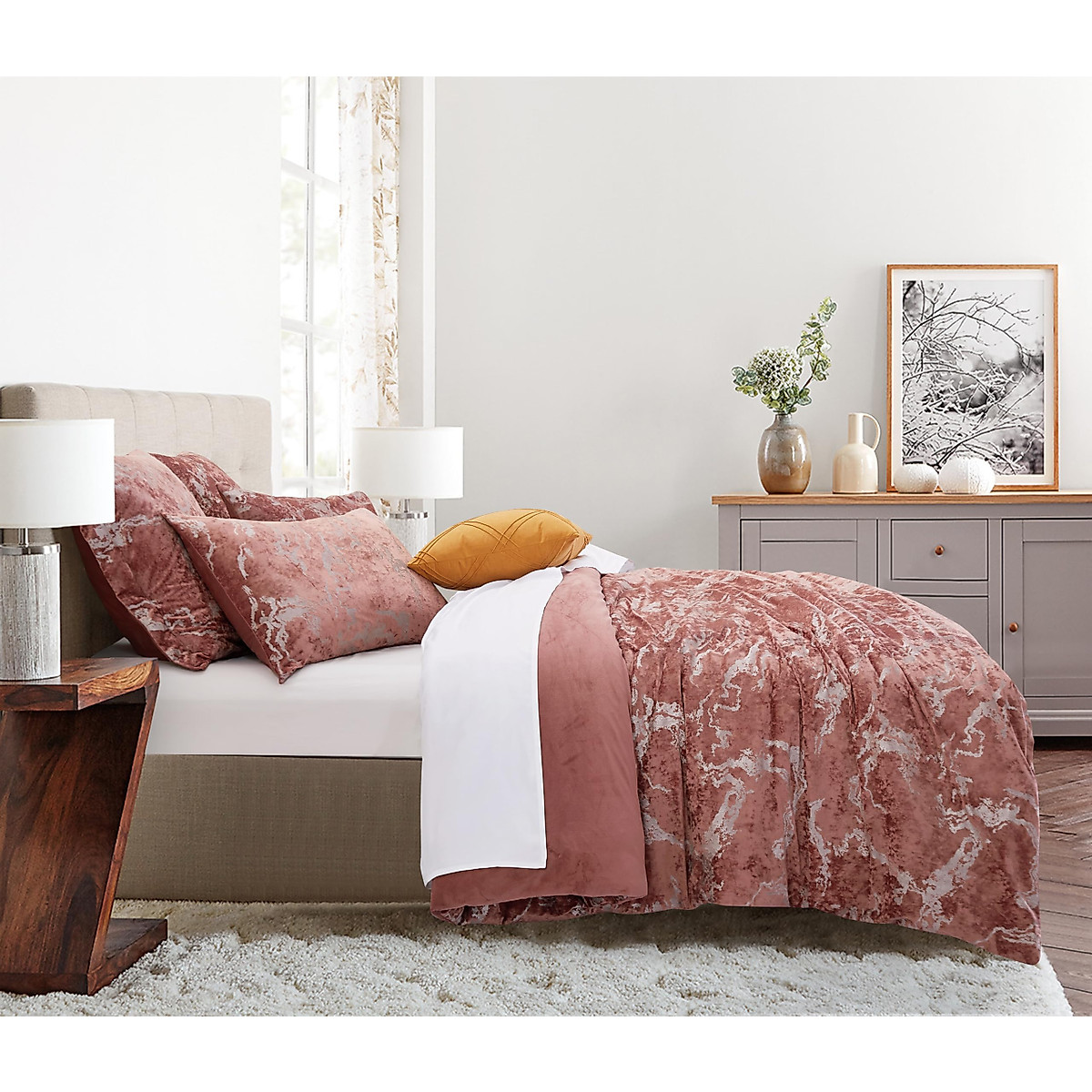 Grassix Duvet Cover King - 3D Marble Velvet King Duvet Cover Blush Pink, Ultra Soft Flannel Duvet Cover with Zipper Closure 8 Corner Tie (1 Duvet Cover 104"x90" & 2 Pillowcases-Blush Pink)