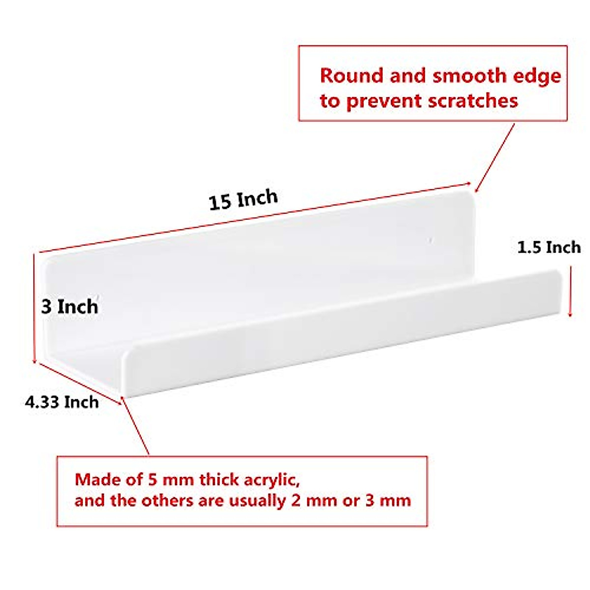 IEEK 15 Inch White Acrylic Floating Wall Ledge Shelf,Wall Mounted Nursery Kids Bookshelf,5MM Thick Home/Office/Bathroom Storage Shelves Display Organizer,Set of 4