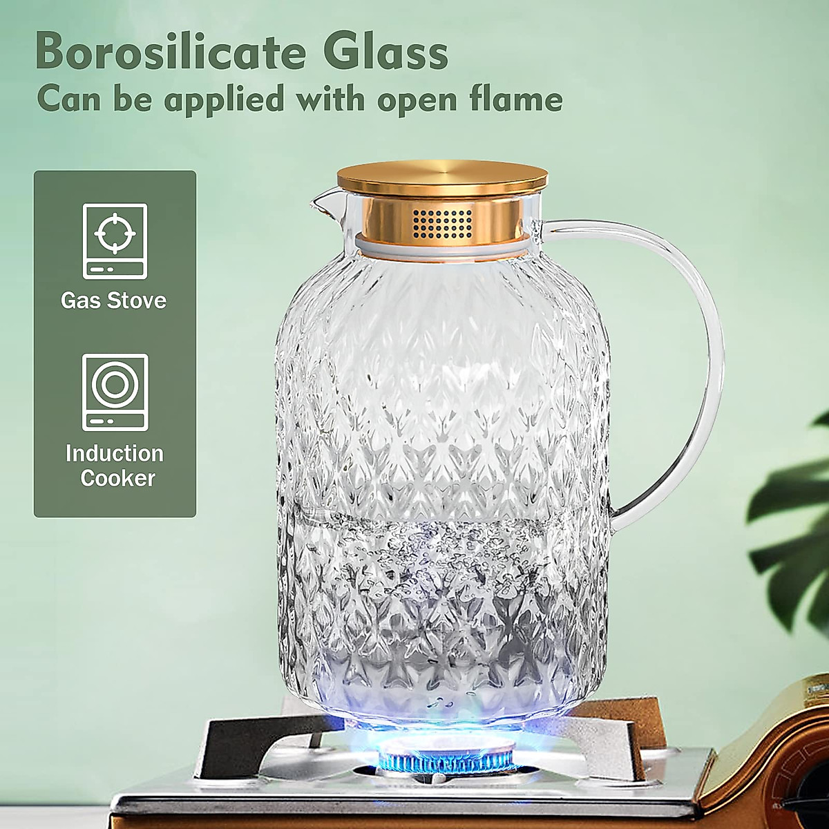 Glass Pitcher,68 oz / 2 Liter Glass Pitcher with Lid,Iced Tea Pitcher,Glass Water Pitcher,1.76qt Drink Pitcher with Lid,Glass Water Jug