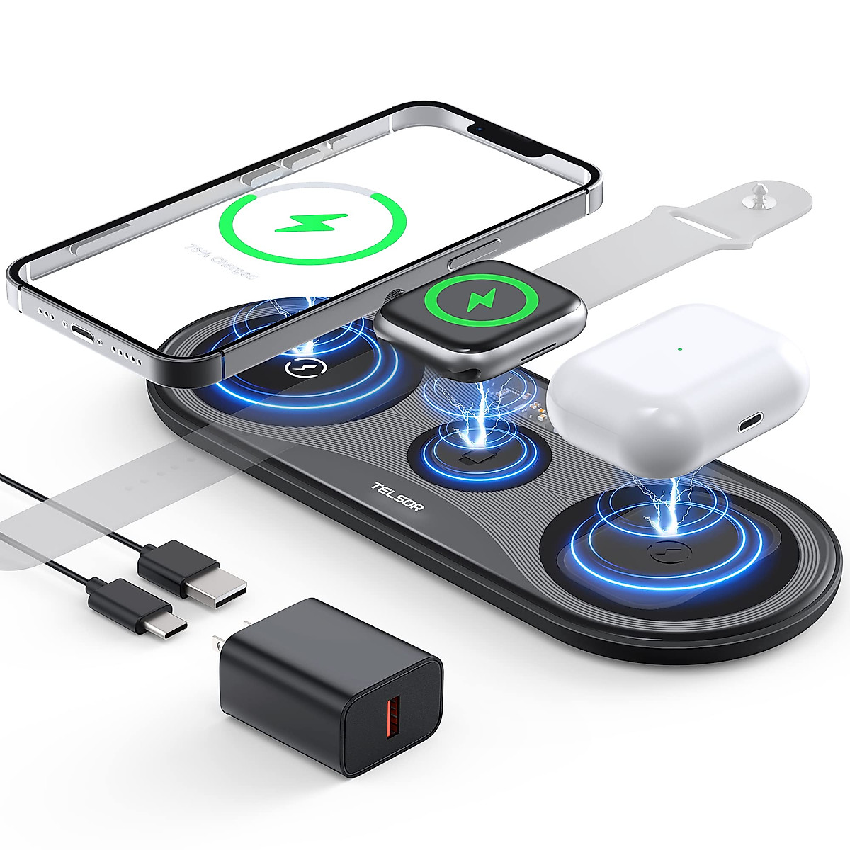 Wireless Charging Pad, TELSOR Portable Wireless Chargers for Multiple Devices, Wireless Charging Station for iPhone 15 14 13 12 11 Pro Max, for Apple Watch 8 7 6 5 4 3 2 SE, for AirPods Pro 3 2