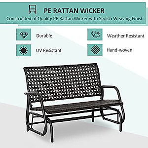 Outsunny 2-Person Outdoor Wicker Glider Bench, Patio Garden PE Rattan Swing Loveseat Chair with Extra Wide Seat and Curved Backrest for Porch, Backyard, Poolside, or Lawn, Dark Grey