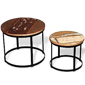QJBSAVVA Two Piece Coffee Table Set Solid Reclaimed Wood Round 15.7"/19.7",Industrial Tables Floor Standing Table Cocktail Table Suitable for Meeting Rooms, Reception Rooms, Offices