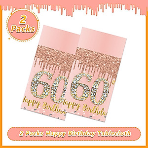 2PCS 60th Birthday Tablecloth Pink Rose Gold 60th Birthday Table Cover Happy 60th Birthday Decorations for Women Plastic Disposable 60th Birthday Table Cloth 60th Birthday Party Supplies (54"x108")