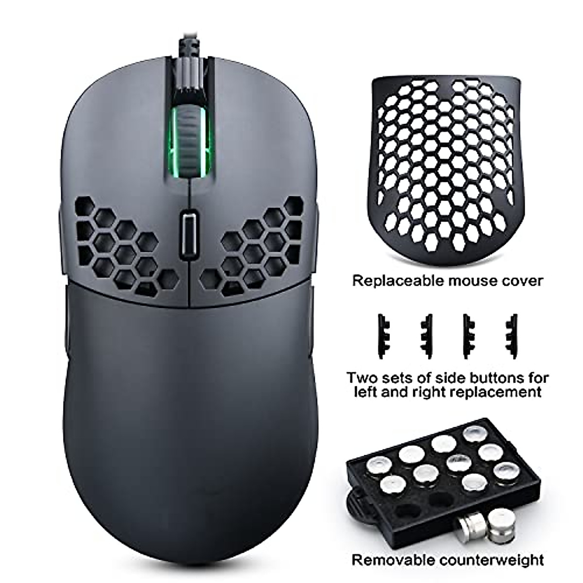 DGG ST-M5 12,000 DPI RGB Ambidextrous Wired Gaming Mouse,Ultralight Honeycomb Mouse,Side Wing and Personalized Weights Design Ergonomic Gaming Mice Left Handed or Right Handed