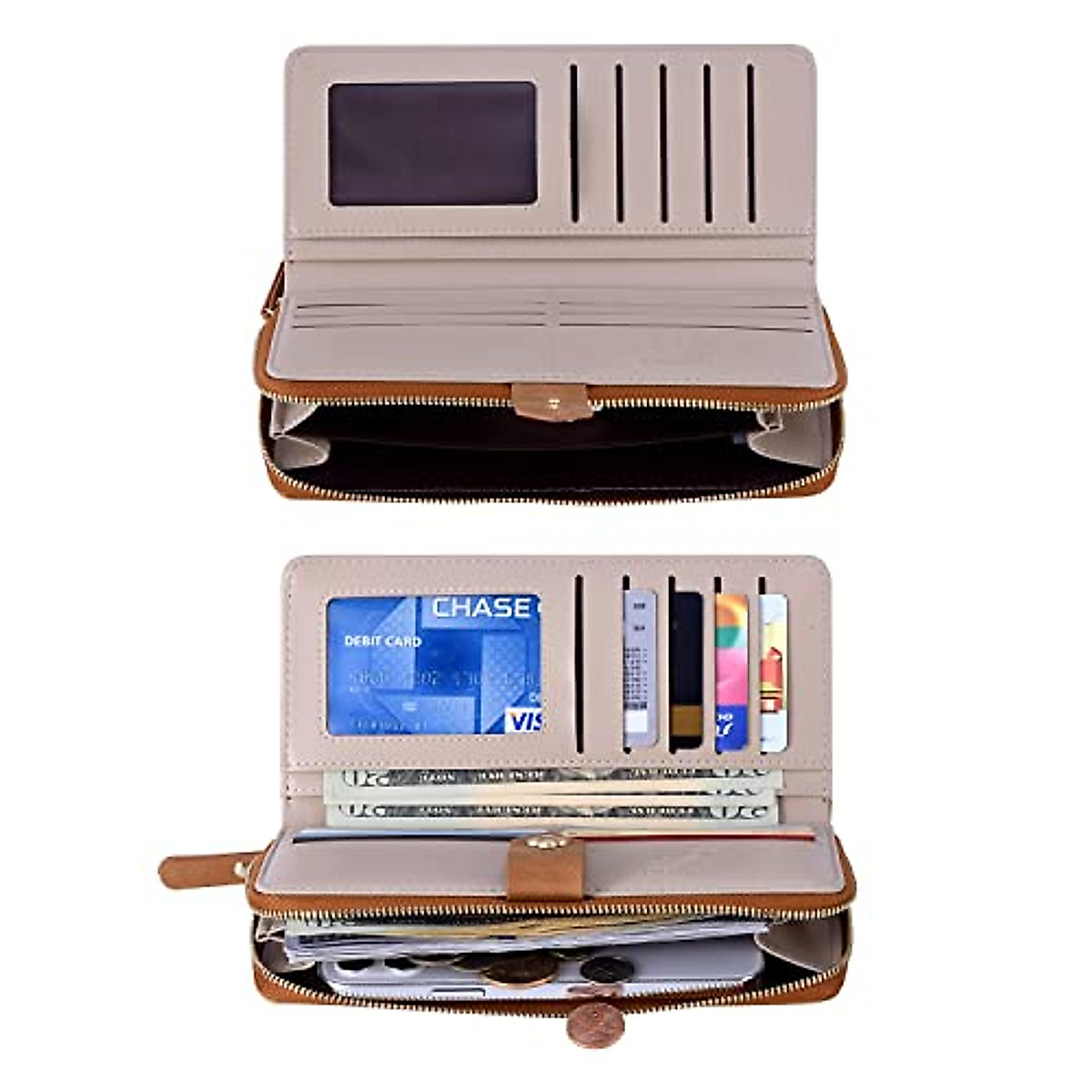 CornerLife Women Vegan Suede Leather Wallet Large Checkbook Clutch Wallet Zipper Around Credit Card Holder Wallets for Women with Snap Closure (Reddish Brown)