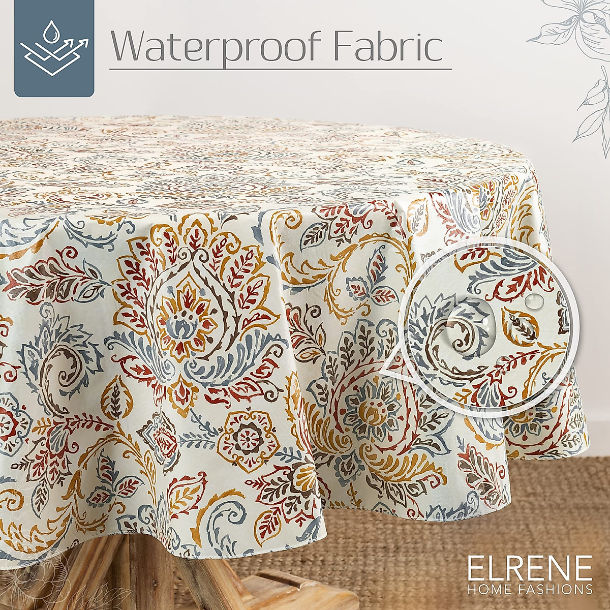 Elrene Home Fashions Ava Floral Jacobean Water- and Stain-Resistant Vinyl Tablecloth with Flannel Backing, 60 Inches X 84 Inches, Oval