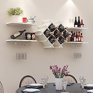 Gdrasuya10 Wall Mounted Wine Racks Shelves, Set of 5 Wine Storage Display Rack Wooden Wine Bottle Shelf Set Wine Glass Holder Wall Wine Rack (1 Wine Rack & 4 Shelves) White