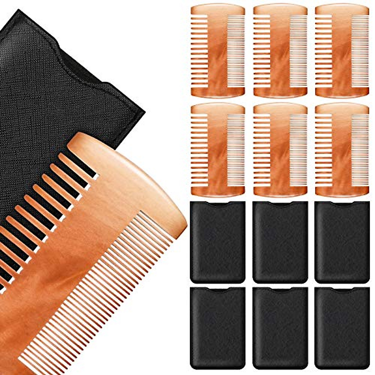 6 Pieces Beard Comb Natural Sandalwood Wooden Moustaches Combs Dual Action Teeth Beard Comb with 6 Pieces Pocket Faux Leather Case for Beards Moustaches (Yellow)