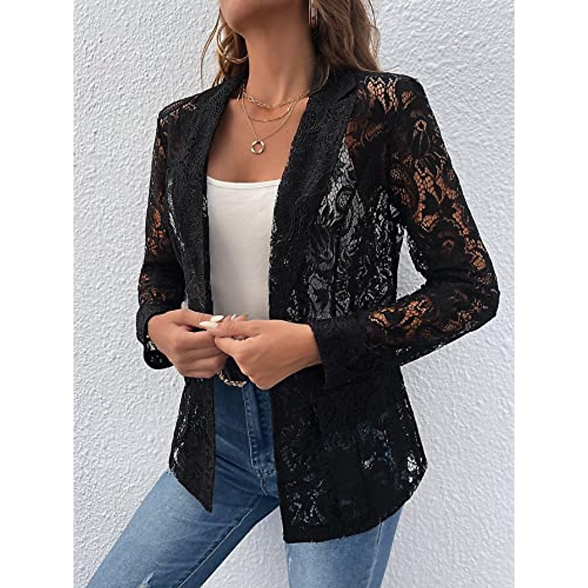 WDIRARA Women's Lace Open Front Long Sleeve Sheer Elegant Casual Blazer Jacket Black S