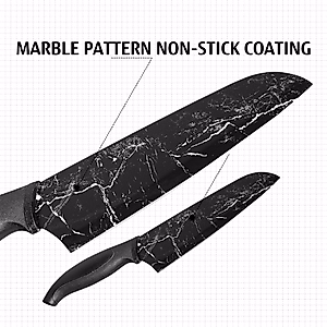 hecef Kitchen Knife Set of 5, Sharp Stainless Steel wtih Black Marble Pattern, Professional Cooking Knives Set Including Paring, Utility, Bread, Carving, Santoku & Chef Knife