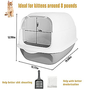 BNOSDM Cat Litter Box with Lid Plastic Cat Litter Boxes Enclosed Anti-Splshing Standard Kitten Toilet with Door and Pedal for Indoor Kitty(Grey Band Spoon)