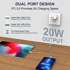 [Apple MFi Certified] iPhone Fast Charger, 20W PD + QC 3.0 Dual Port USB C Wall Charger Plug with 10FT Extra Long USB C to Lightning Fast Charging Data Sync Cord for iPhone 13 12 11 XS XR X 8 iPad
