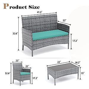 VONZOY Patio Furniture Set 4 Pieces Small, Belcony Furniture Outdoor Wicker Patio Conversation Set for Backyard,Porch, Deck,Garden,Poolside and Balcony (Turquoise)