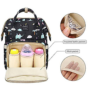Junlion Diaper Bag, Waterproof Diaper Backpack Baby Nappy Bags with Hooks + Independent Dirty Diaper Pouch Elephant